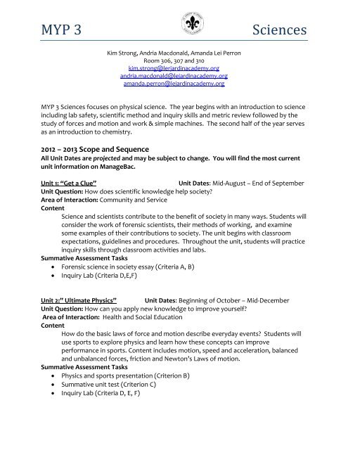 MYP 3 Sciences - Le Jardin Academy