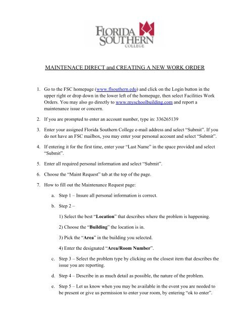Maintenance Direct instructions - Florida Southern College