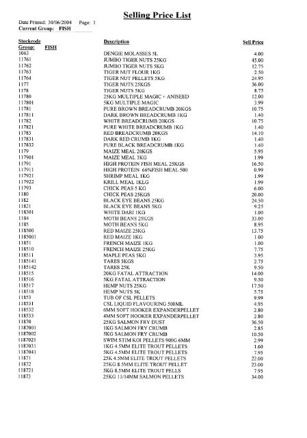 Selling Price List - Verulam Angling Club