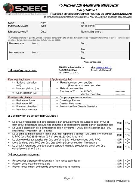 FICHE DE MISE EN SERVICE - Sdeec FICHE DE MISE EN SERVICE - Sdeec