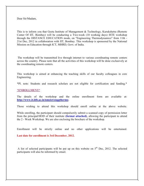 Dear Sir/Madam, This is to inform you that Geeta Institute of ...