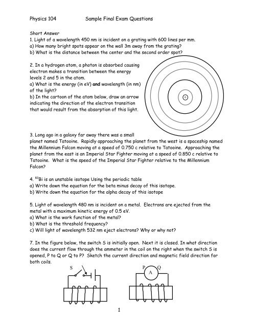Physics 104 Sample Final Exam Questions 1 S A P Q