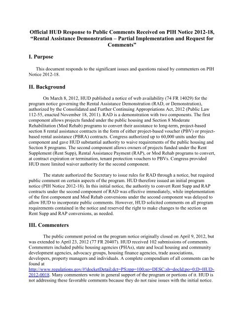 RESPONSE TO PUBLIC COMMENTS: PIH NOTICE 2012-18 ... - HUD
