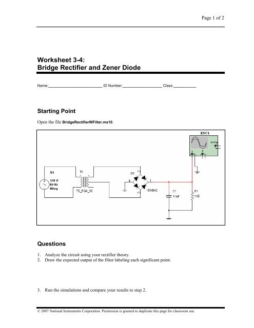 Worksheet 3-4: Bridge Rectifier and Zener Diode