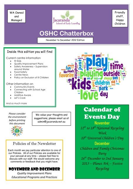 OSHC Chatterbox Calendar of Events Day - Jacaranda — School of ...