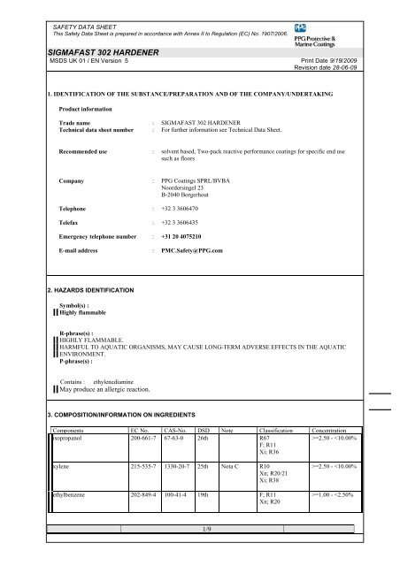 SigmaFast 302 Hardener Material Safety Data Sheet - Promain