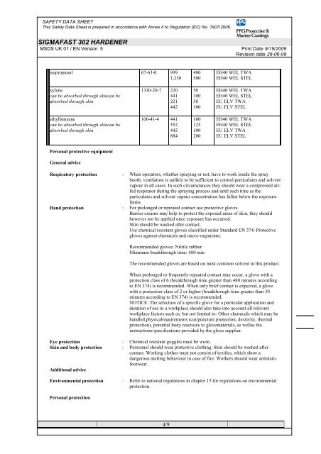 SigmaFast 302 Hardener Material Safety Data Sheet - Promain