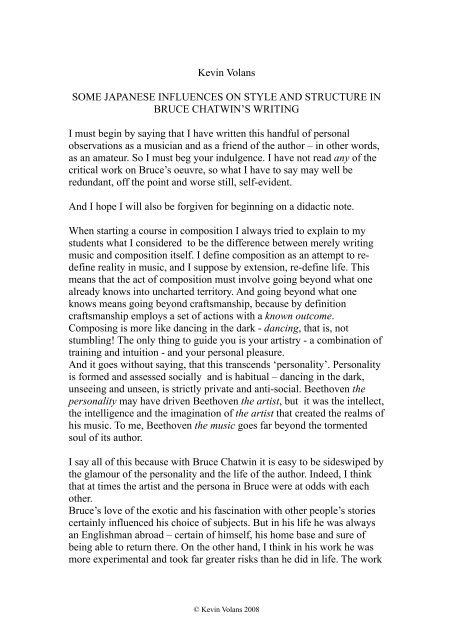 Kevin Volans SOME JAPANESE INFLUENCES ON ... - Bruce Chatwin