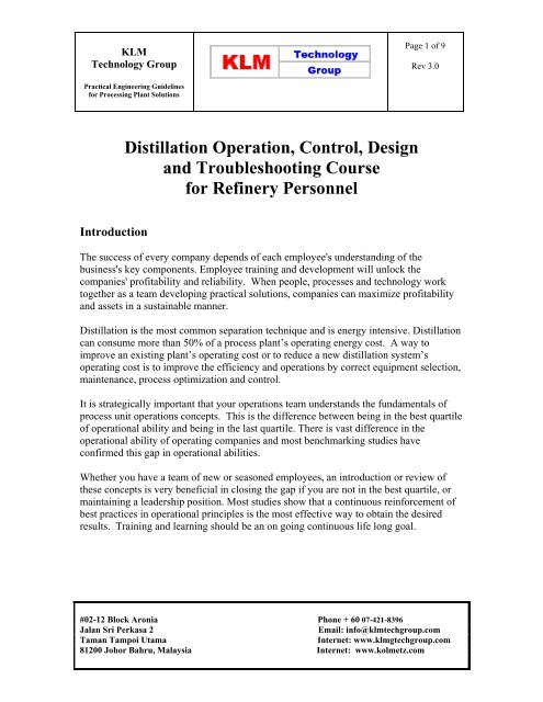 Distillation Training for Petroleum Refining Personnel - KLM ...