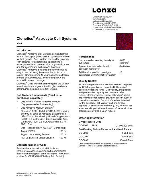 NHA Astrocytes Technical Data Sheet TS-CC-52-5 - Biocenter.hu