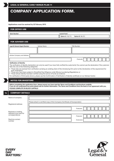 COMPANY APPLICATION FORM. - Legal & General