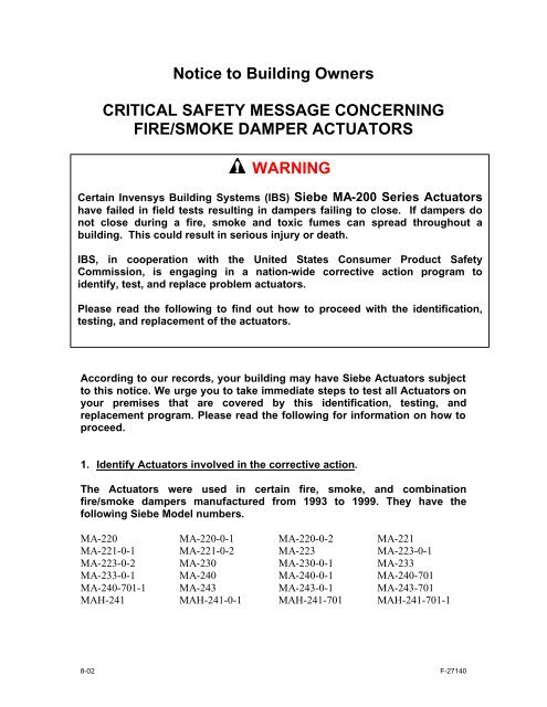 Notice to Building Owners CRITICAL SAFETY MESSAGE ...