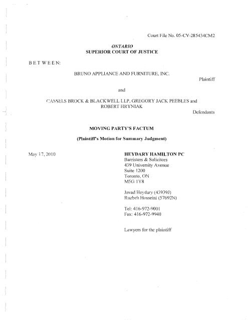 Court File No. 05-CV-285434CM2 ONTARIO SUPERIOR COURT