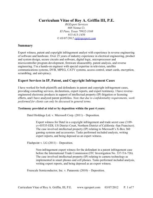 Curriculum Vitae of Roy A. Griffin III, P.E.