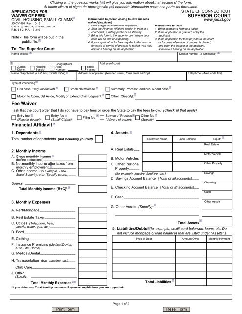 Application for Waiver of Fees form (JD-CV-120) - Connecticut ...