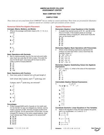 Sample Test Questions for Mt. SAC Math Placement Test