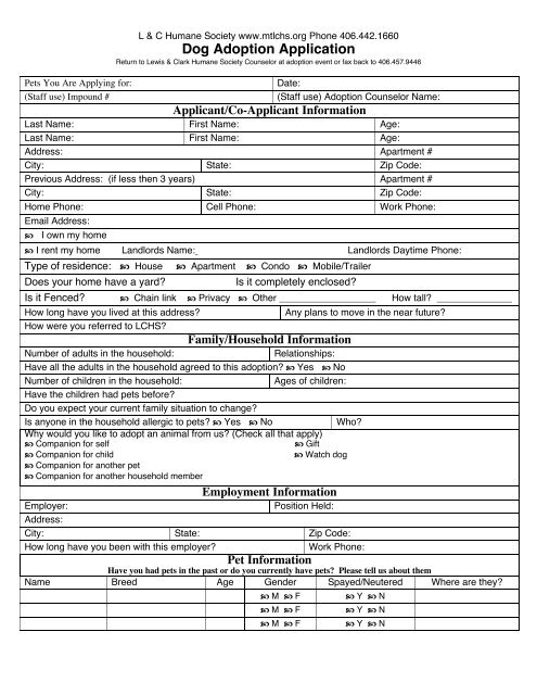 Dog Adoption Application - the Lewis and Clark Humane Society