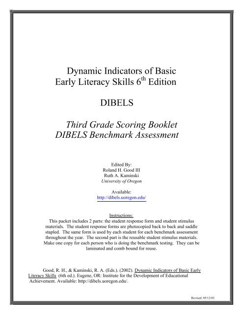 Third Grade Scoring Booklet DIBELS Benchmark Assessment