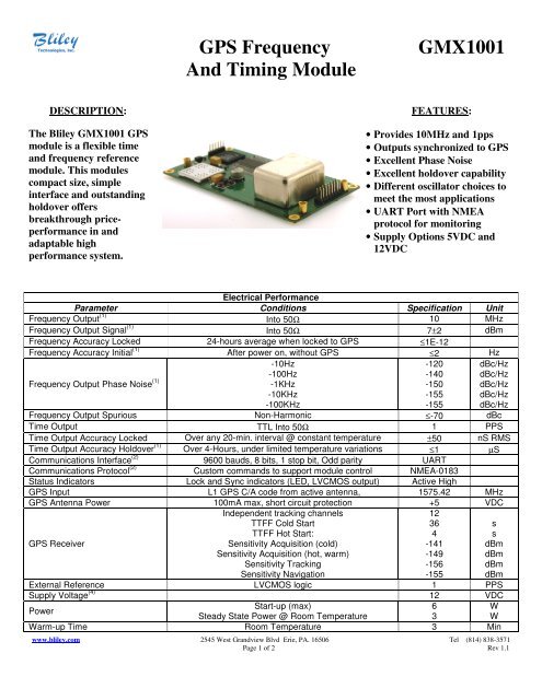 Bliley's GMX1001 GPS Module - Data Sheet
