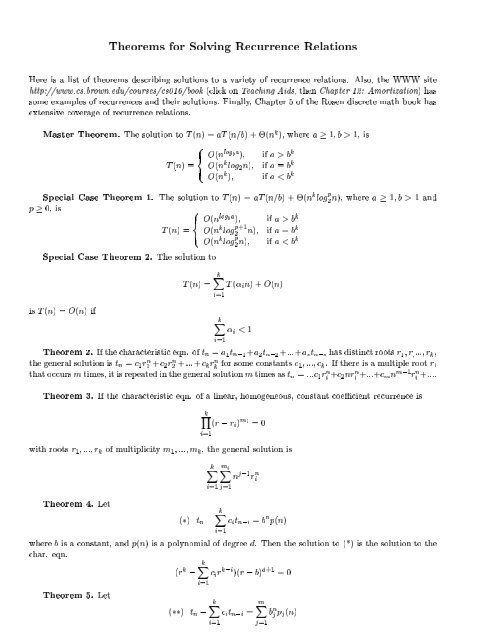 Theorems for Solving Recurrence Relations Here is a list of ...