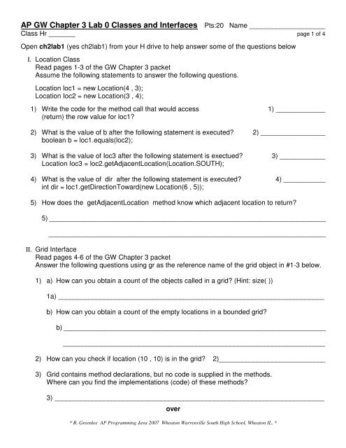 AP GW Chapter 3 Lab 0 Classes and Interfaces Pts:20 Name