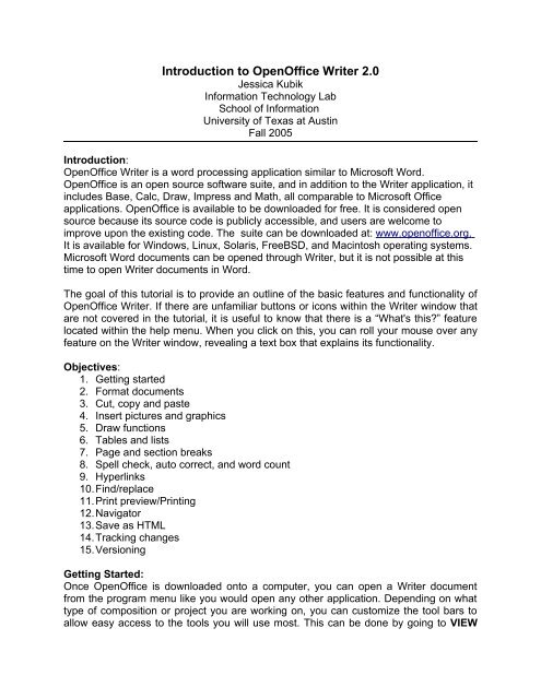 Introduction to OpenOffice Writer 2.0 - School of Information - The ...