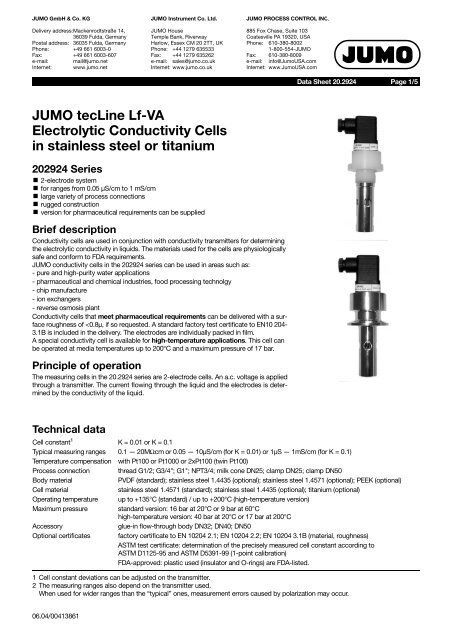 JUMO tecLine Lf-VA Electrolytic Conductivity Cells in stainless steel ...