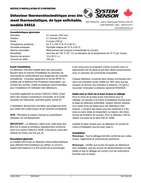 Instructions d'installation - System Sensor Canada