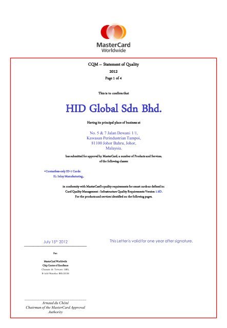 MasterCard CQM Certificate - HID Global