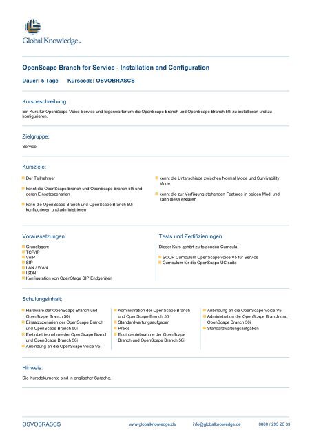 OpenScape Branch for Service - Installation and Configuration