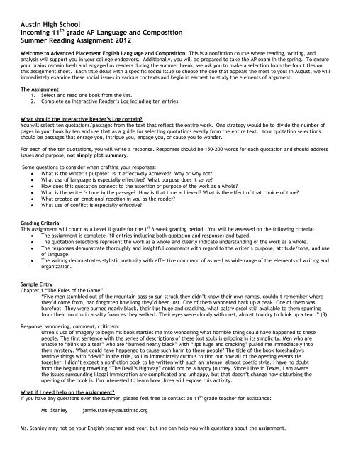 11th Grade AP English III Reading Assignment - Austin High School