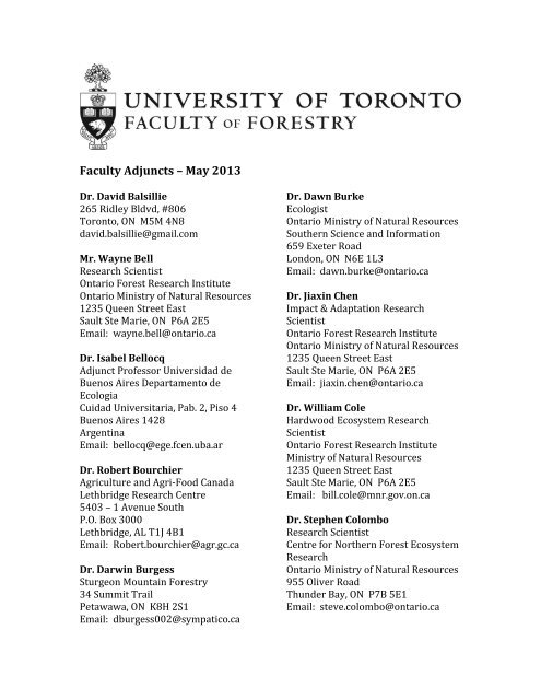 adjunct faculty - Faculty of Forestry - University of Toronto