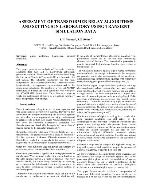 assessment of transformer relay algorithms and settings - SEL
