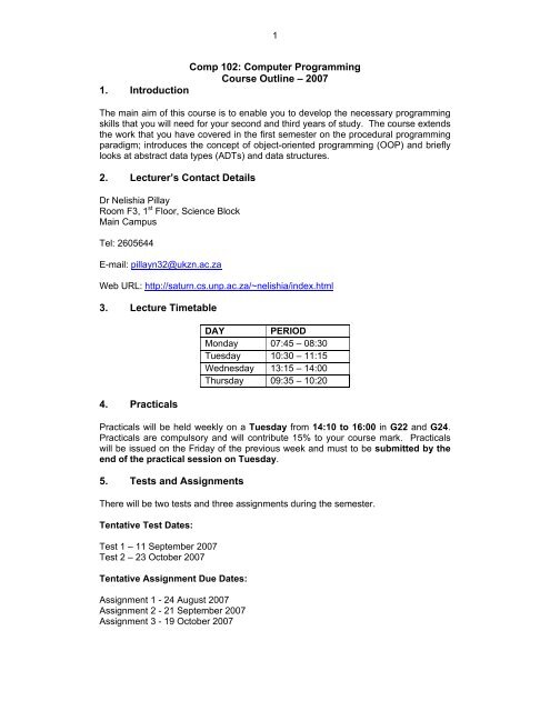 Comp 102 Computer Programming Course Outline 2007 1 3707