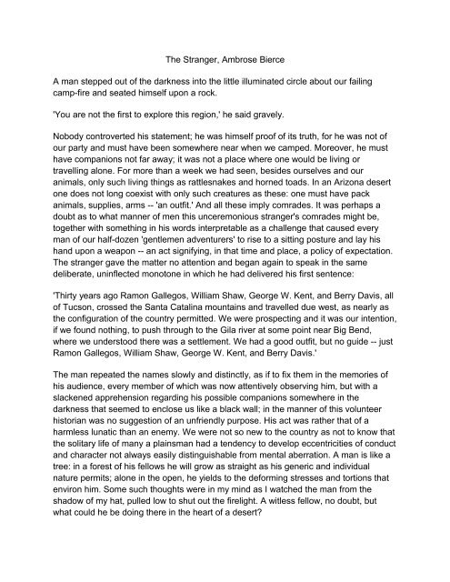 The Stranger, Ambrose Bierce A man stepped out of the darkness ...