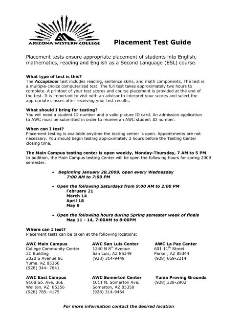 Placement Test Guide - Arizona Western College