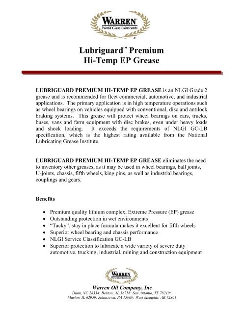 Lubriguardâ„¢ Premium Hi-Temp EP Grease - Warren Oil Company ...