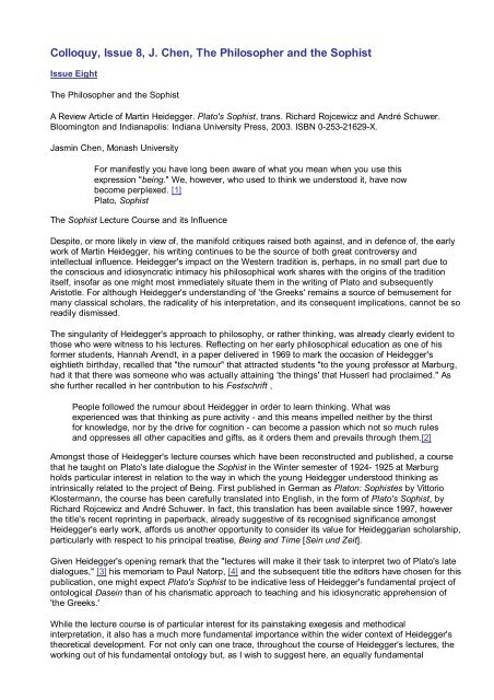 The Philosopher and the Sophist Martin Heidegger. Plato's Sophist ...