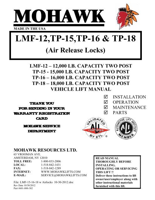 LMF-12,TP-15,TP-16 & TP-18 - Mohawk Lifts
