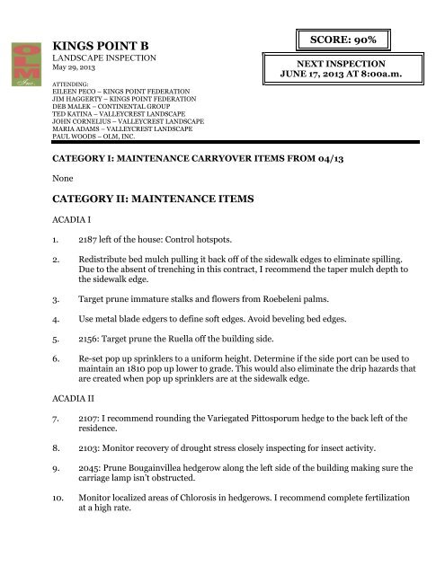 MONTHLY LANDSCAPE MAINTENANCE INSPECTION - Kings Point