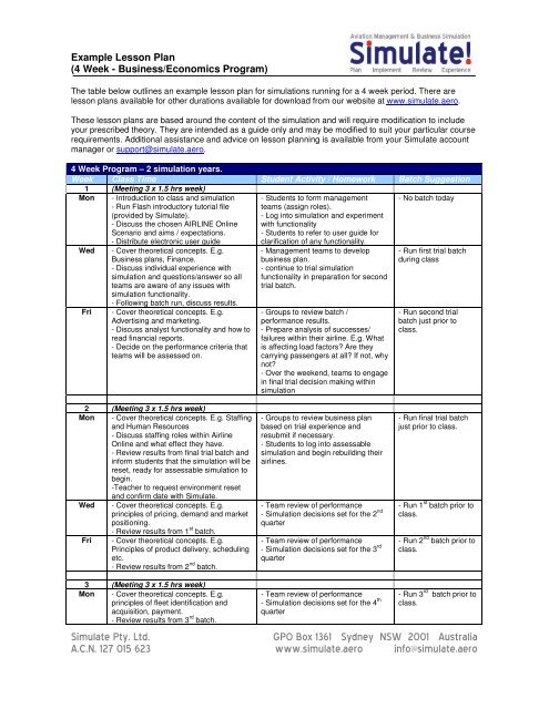Example Lesson Plan - 4 week economics - Simulate.aero