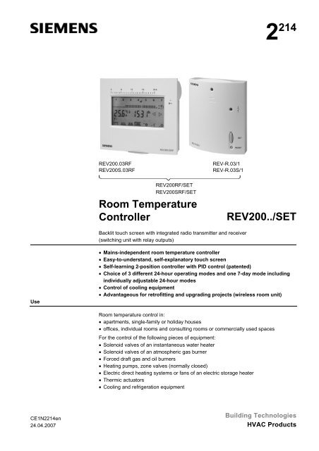 2214 Room Temperature Controller REV200../SET - Siemens