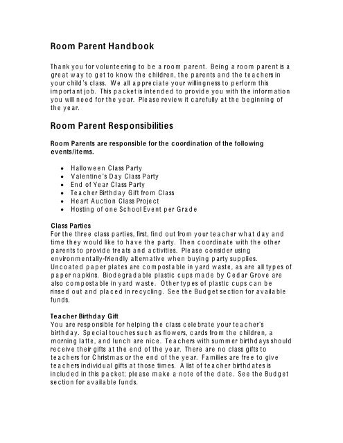 Room Parent Handbook Room Parent Responsibilities