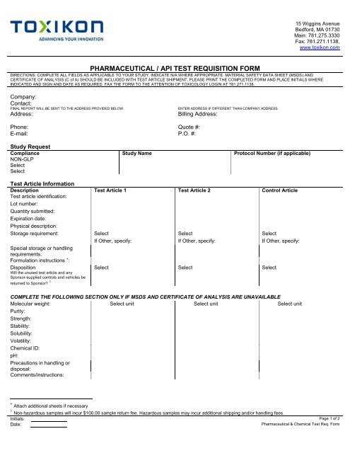 To access Toxikon's Pharmaceutical / API Test Requisition Form ...