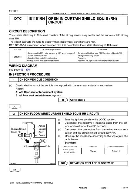dtc b1161/84 open in curtain shield squib (rh) circuit - Highlander Club