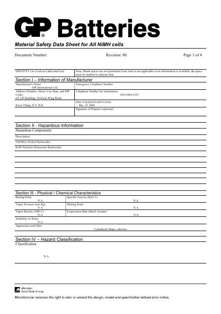 MSDS for Rechargeable Battery Pack - Concept2