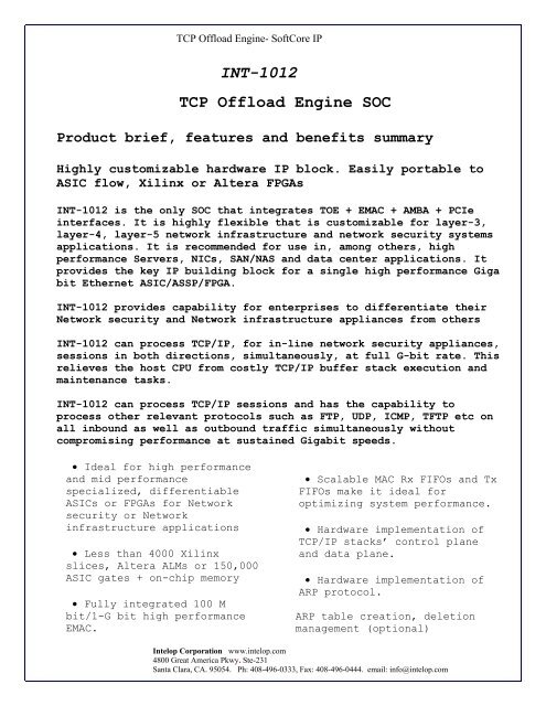 INT-1012 TCP Offload Engine SOC Product brief, features ... - Intilop