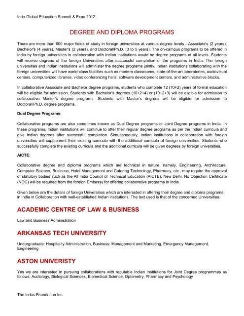 Degree & Diploma Programs - The Indus Foundation