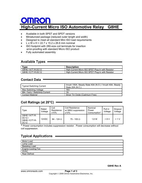High-Current Micro ISO Automotive Relay G8HE - West Florida ...
