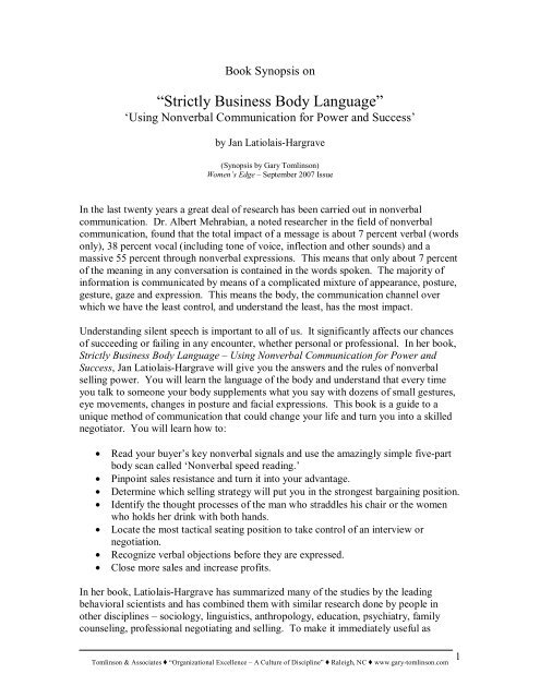 Book Synopsis - Strictly Business - Body Language - Gary Tomlinson
